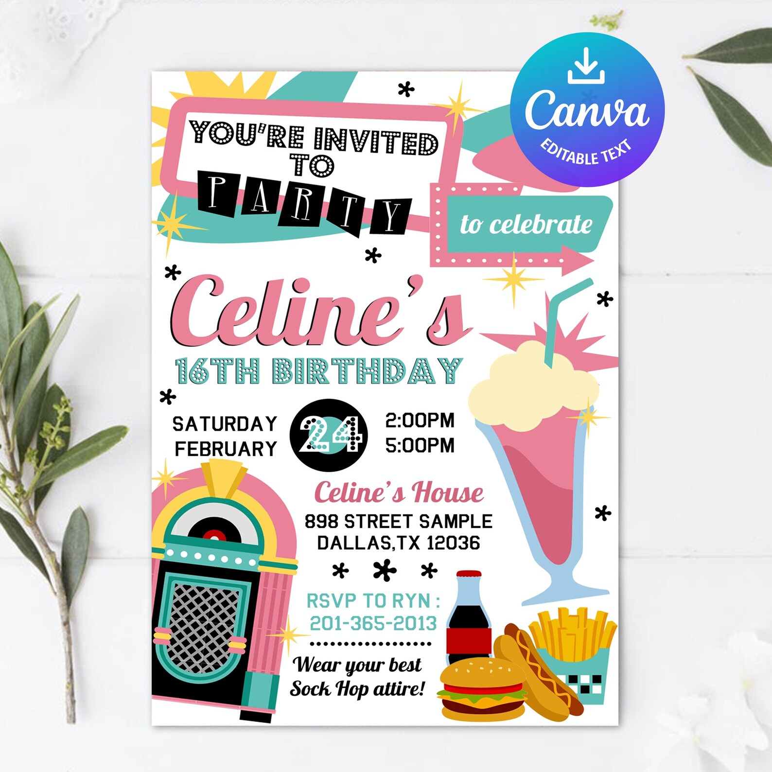 Editable 50's Birthday Invitation, 50s Birthday Party Invitation, Retro ...