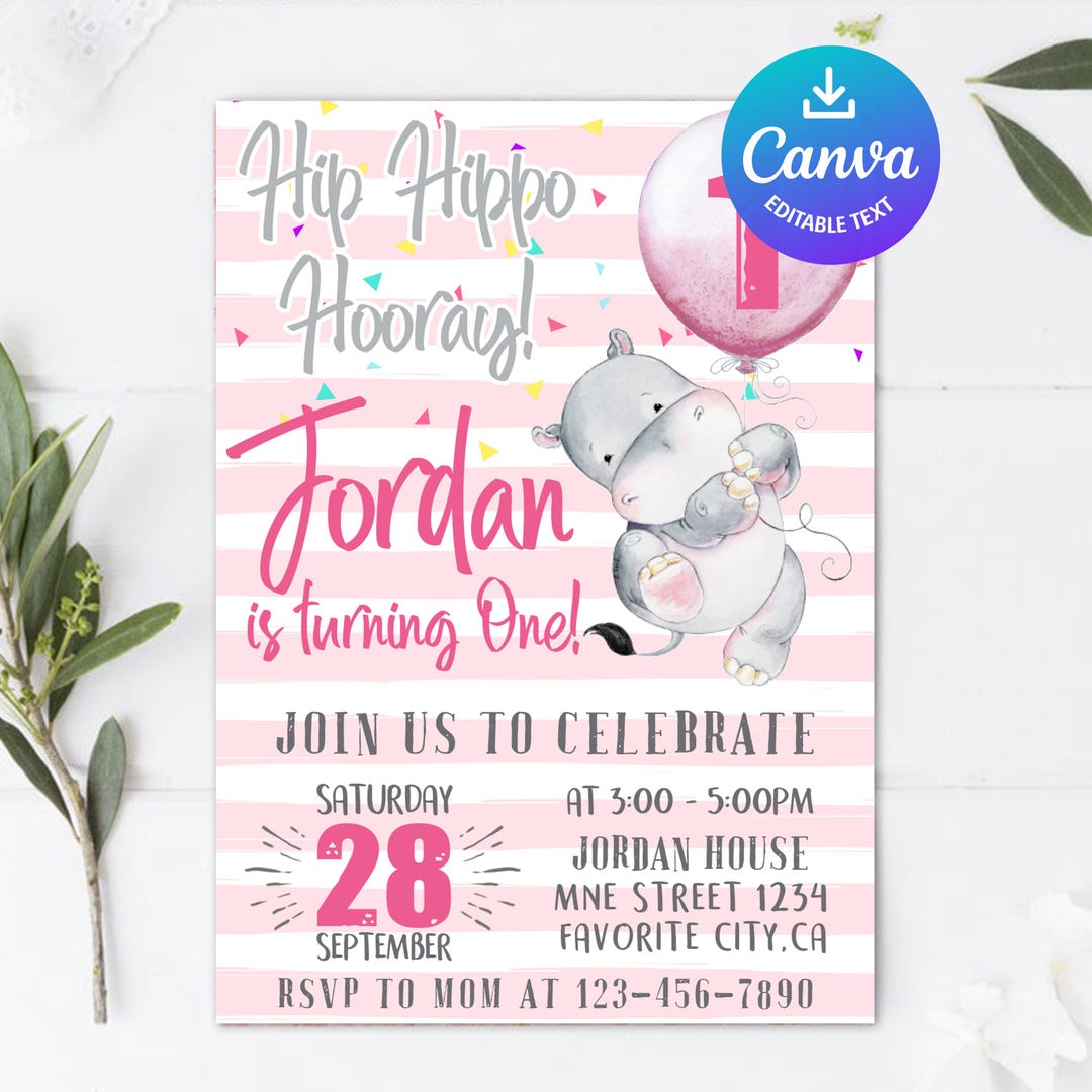 Hip Hippo Hooray Birthday Invitation, Pink Hippo Girl Birthday Invite ...
