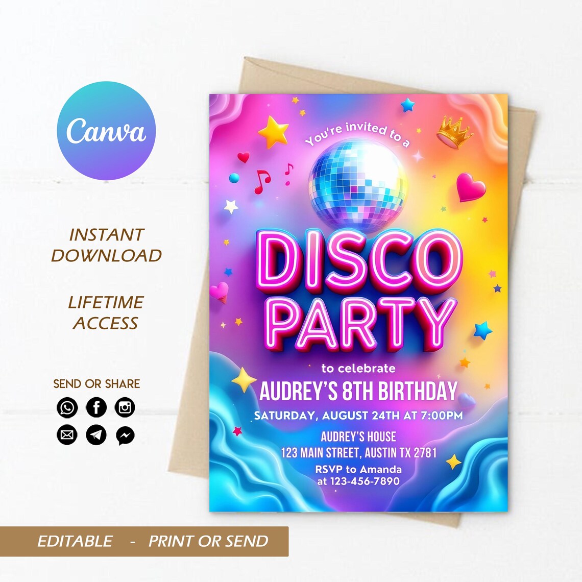 Disco Ball Theme Birthday Invitation, Disco Party, Disco Birthday ...