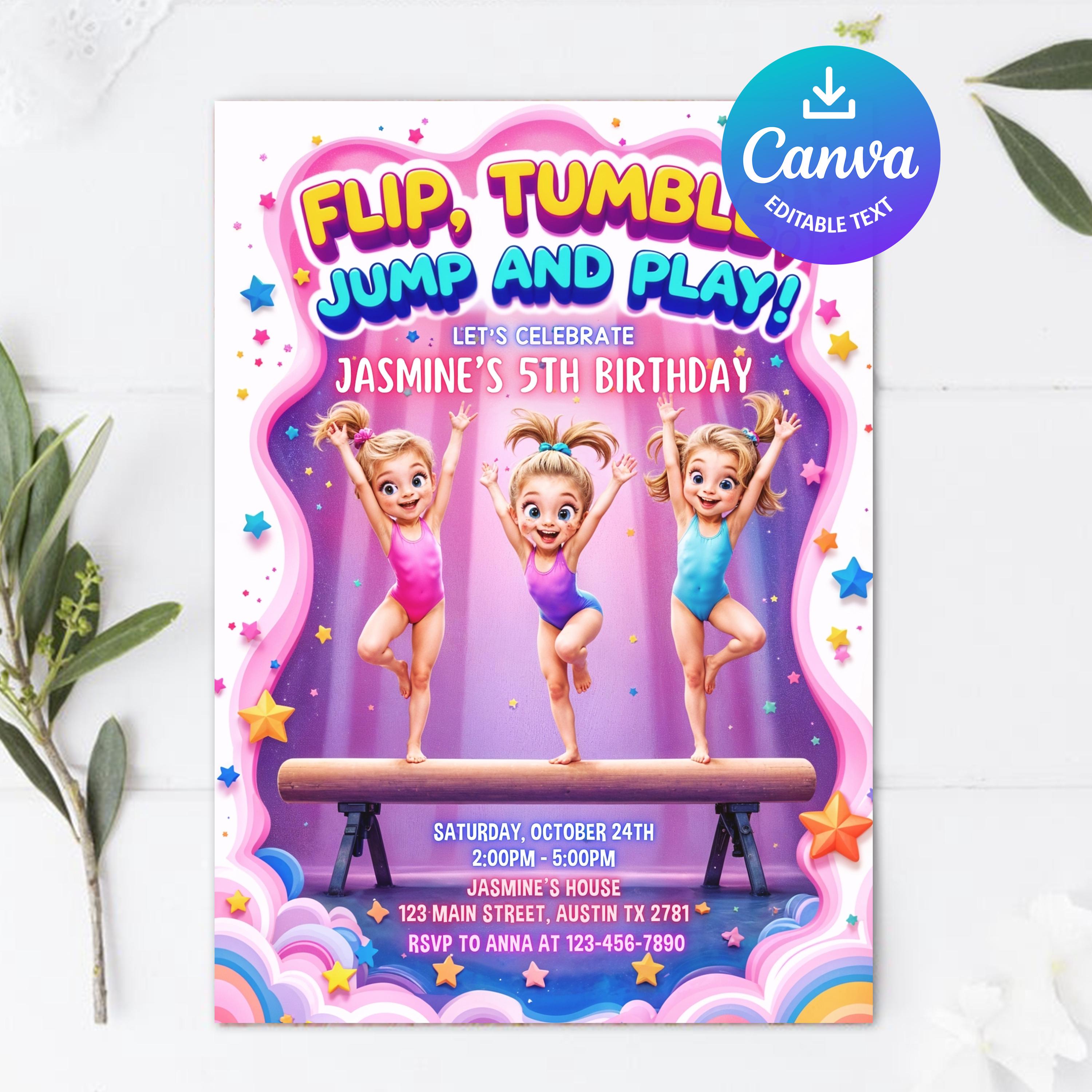 Editable Gymnastics Birthday Invitation, Girl Gymnastics Party Invite ...