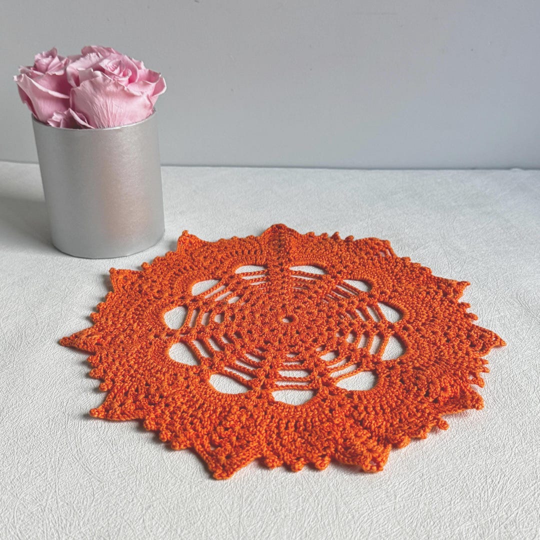 Vintage Crochet Doily Orange Round Table Decor – Handmade Retro Doily ...