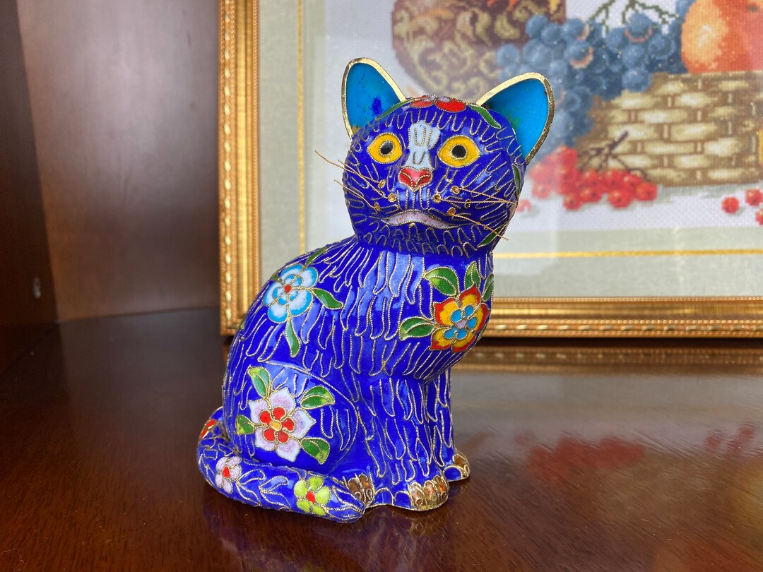 Vintage 20cm Enamel Cloisonne Cat Ornament Artwork for Home Decoration ...