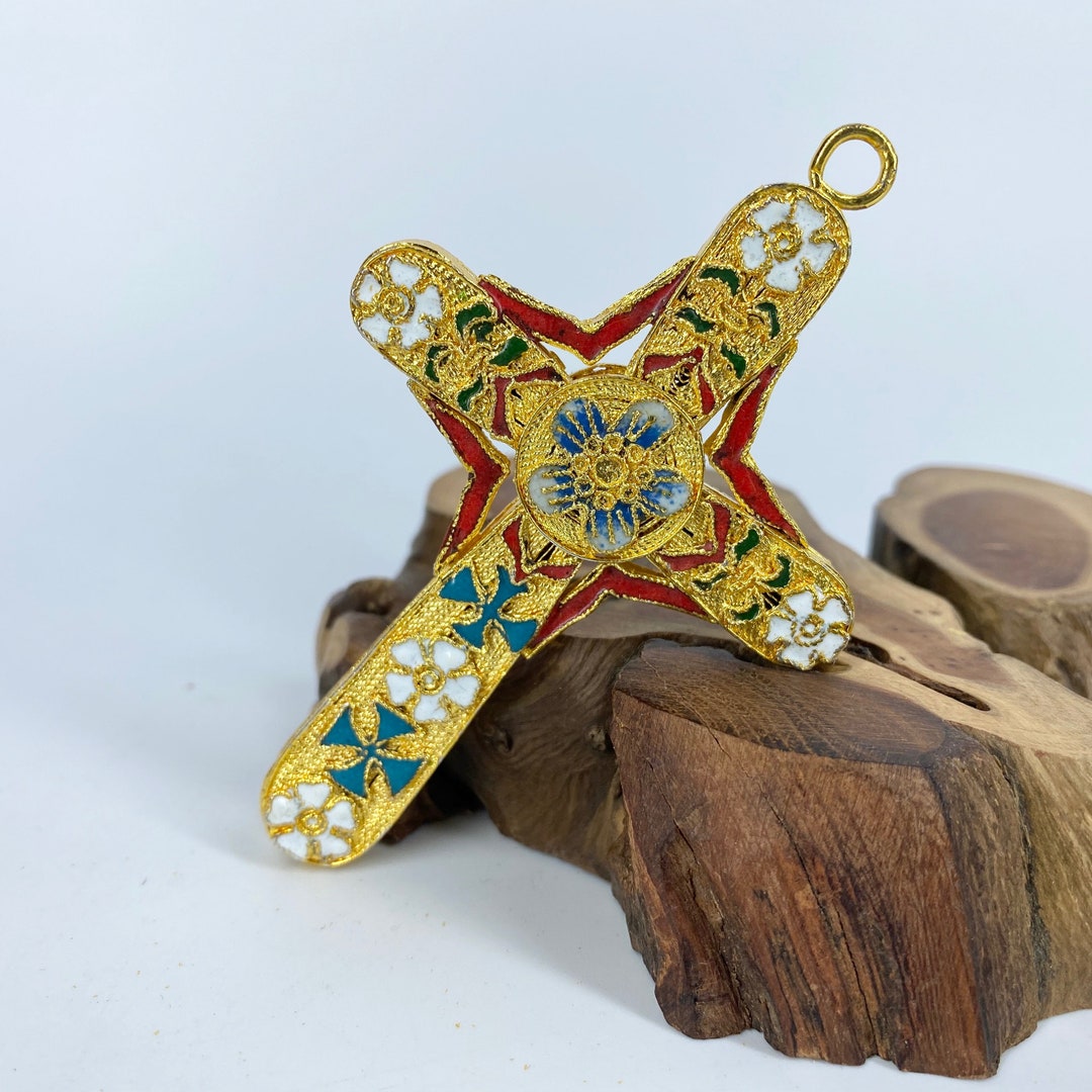 Golden Cloisonné Cross, Christian Cross, Religious Cross, Cross Pendant ...