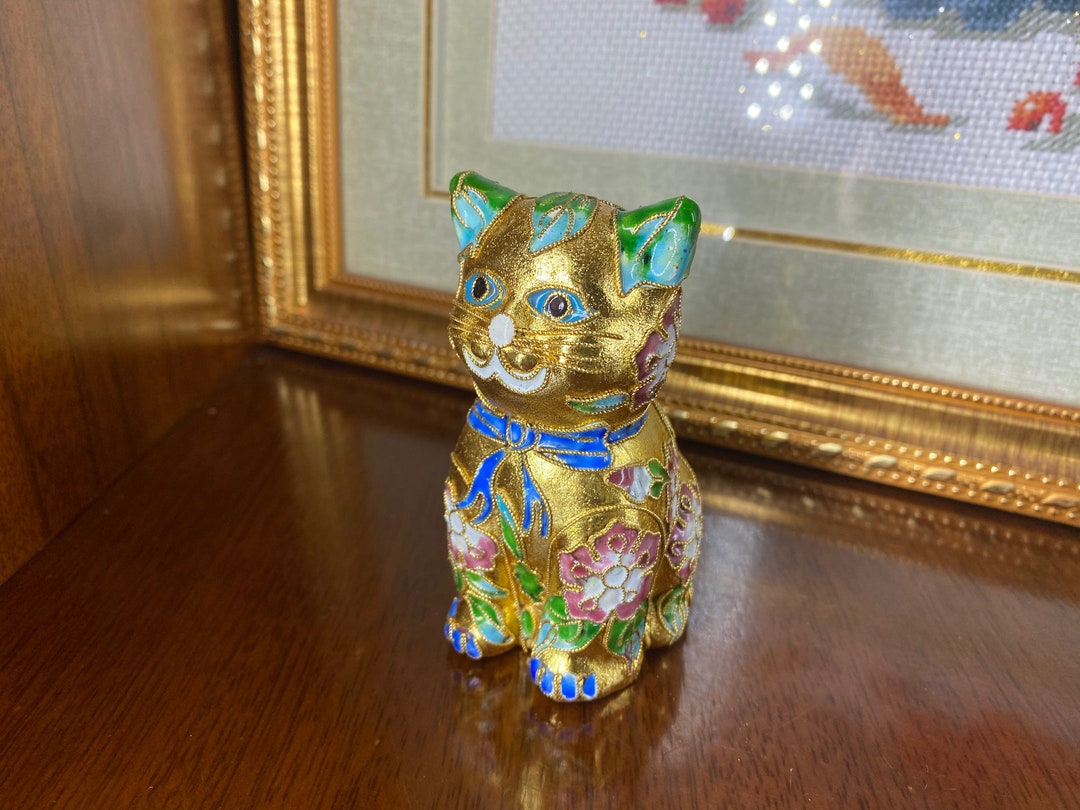Vintage Enamel Cloisonne Golden Cat Figurine, Decorative Animal ...