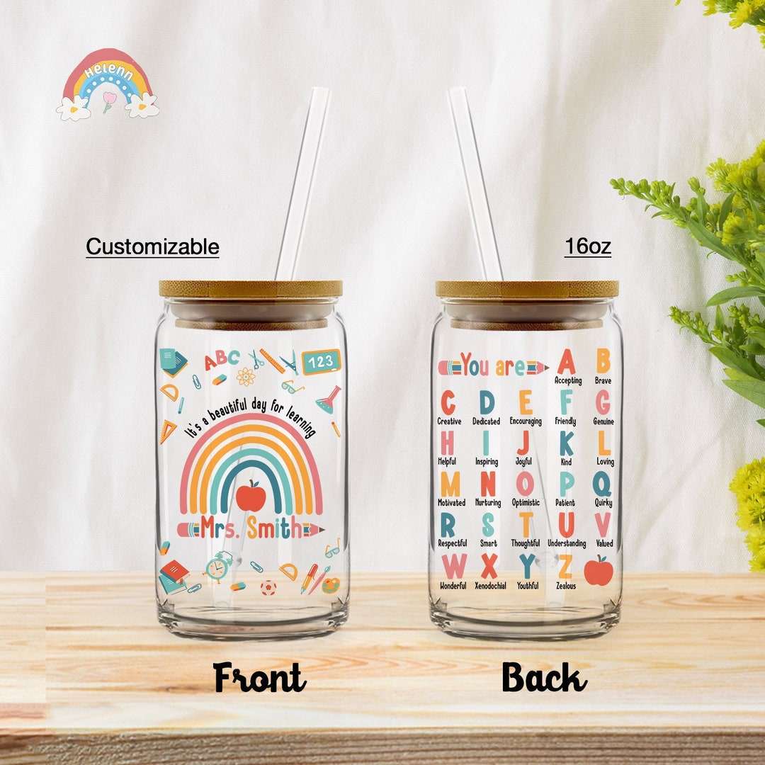 Personalized Teacher Glass Coffee Cup, Custom Name Teacher Tumbler Iced ...