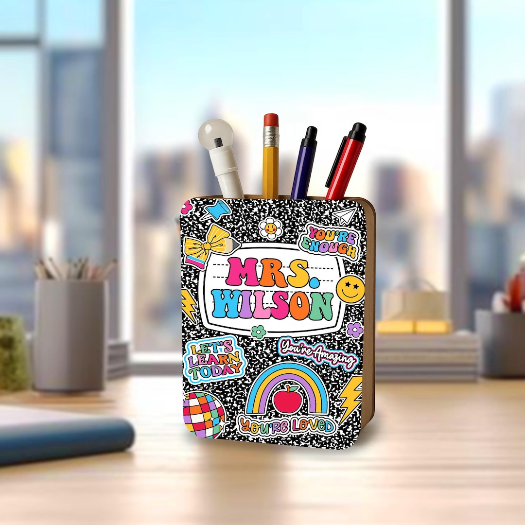 Custom Teacher Pencil Holder, Composition Book Design, Wooden Desk ...