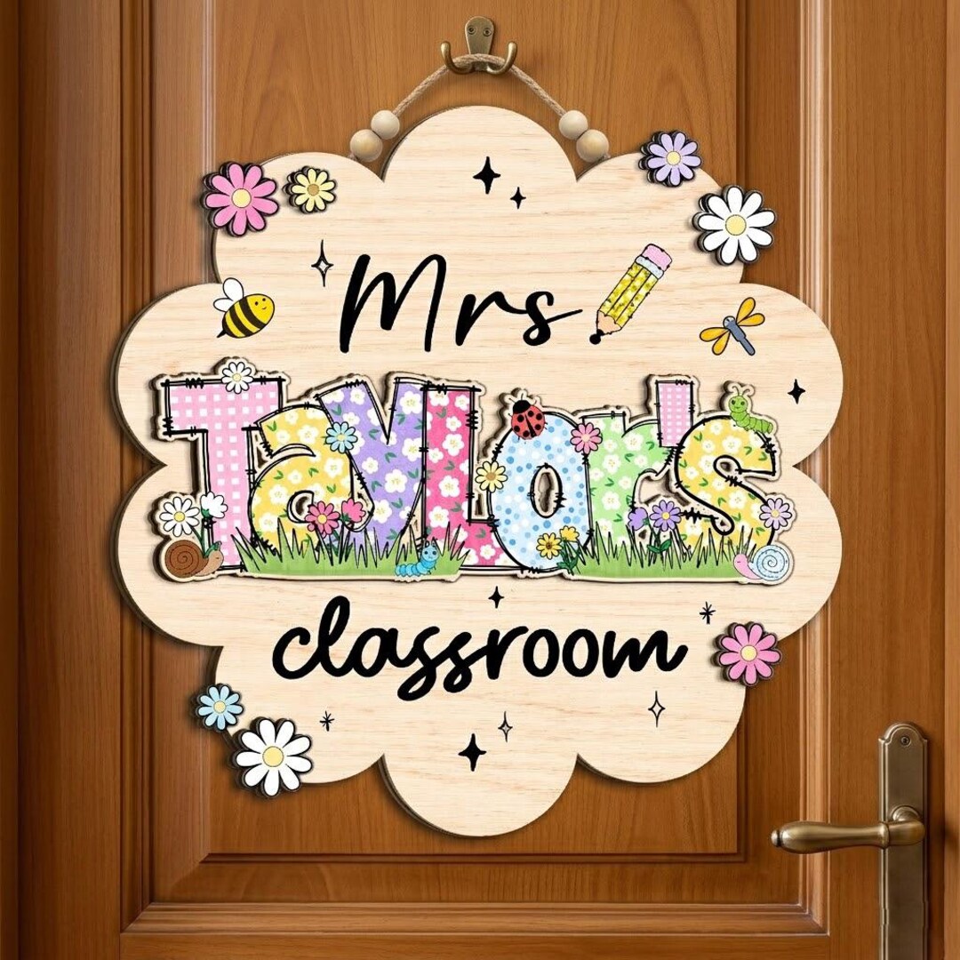Personalized Teacher Spring Classroom Door Hanger, Flower Name Wooden ...