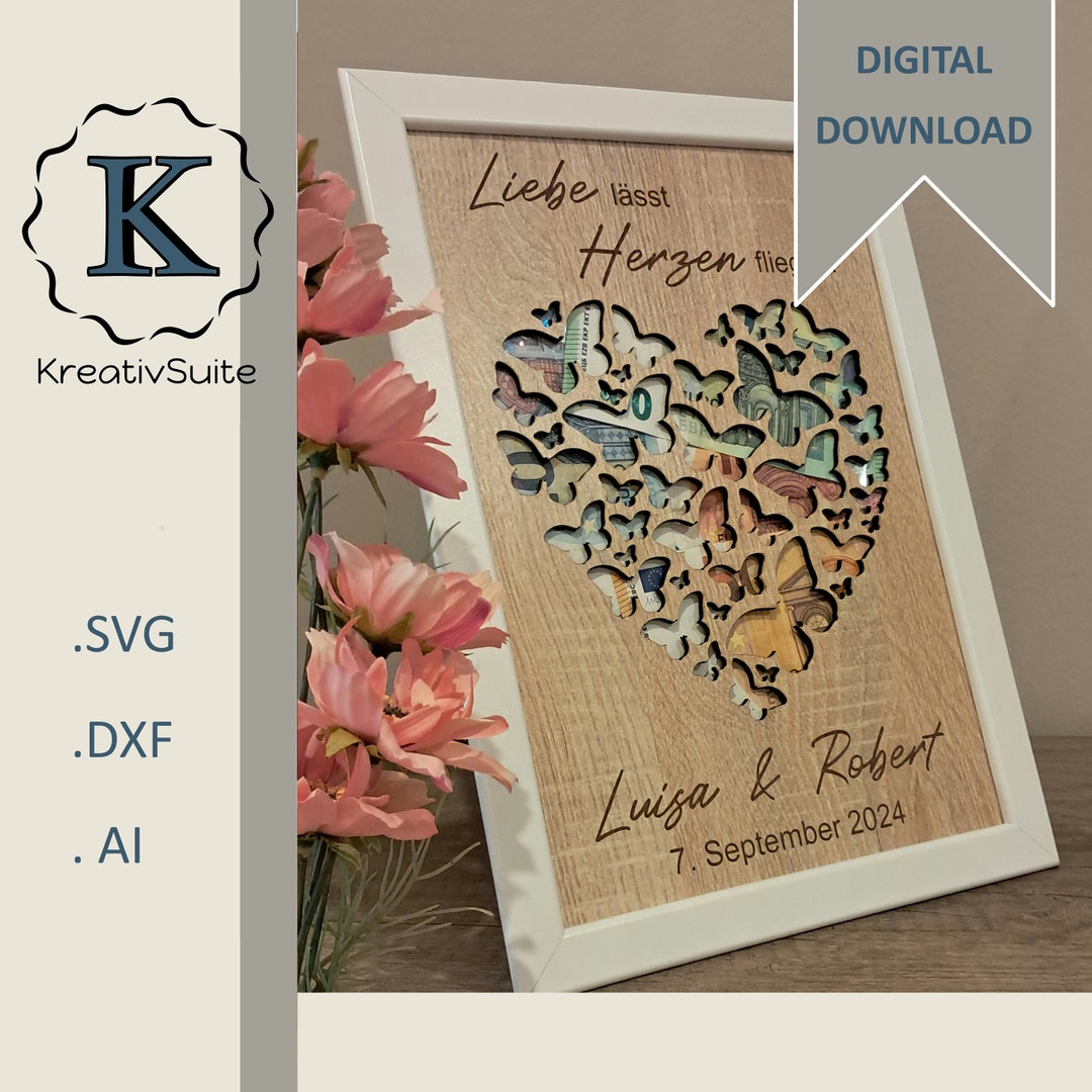 Laser File Butterfly Heart Wedding for Cash Gift SVG, DXF, AI Wedding ...