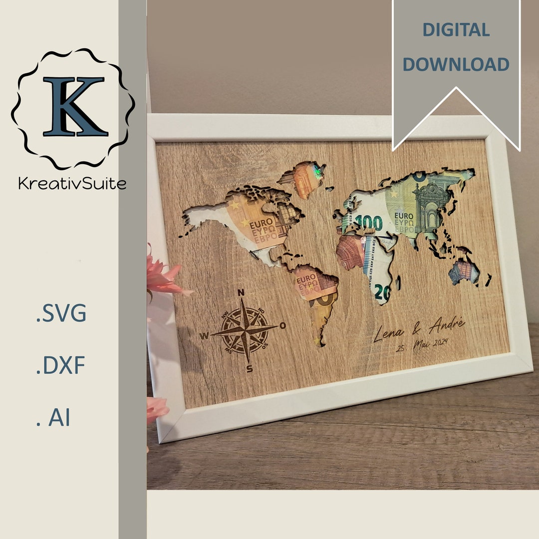 Laser File World Map Wedding for Money Gift SVG, DXF, AI Wedding ...
