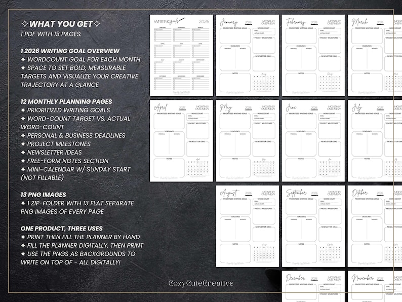 2026 Novel Writing Planner – Fillable PDF Calendar for Fiction Authors ...