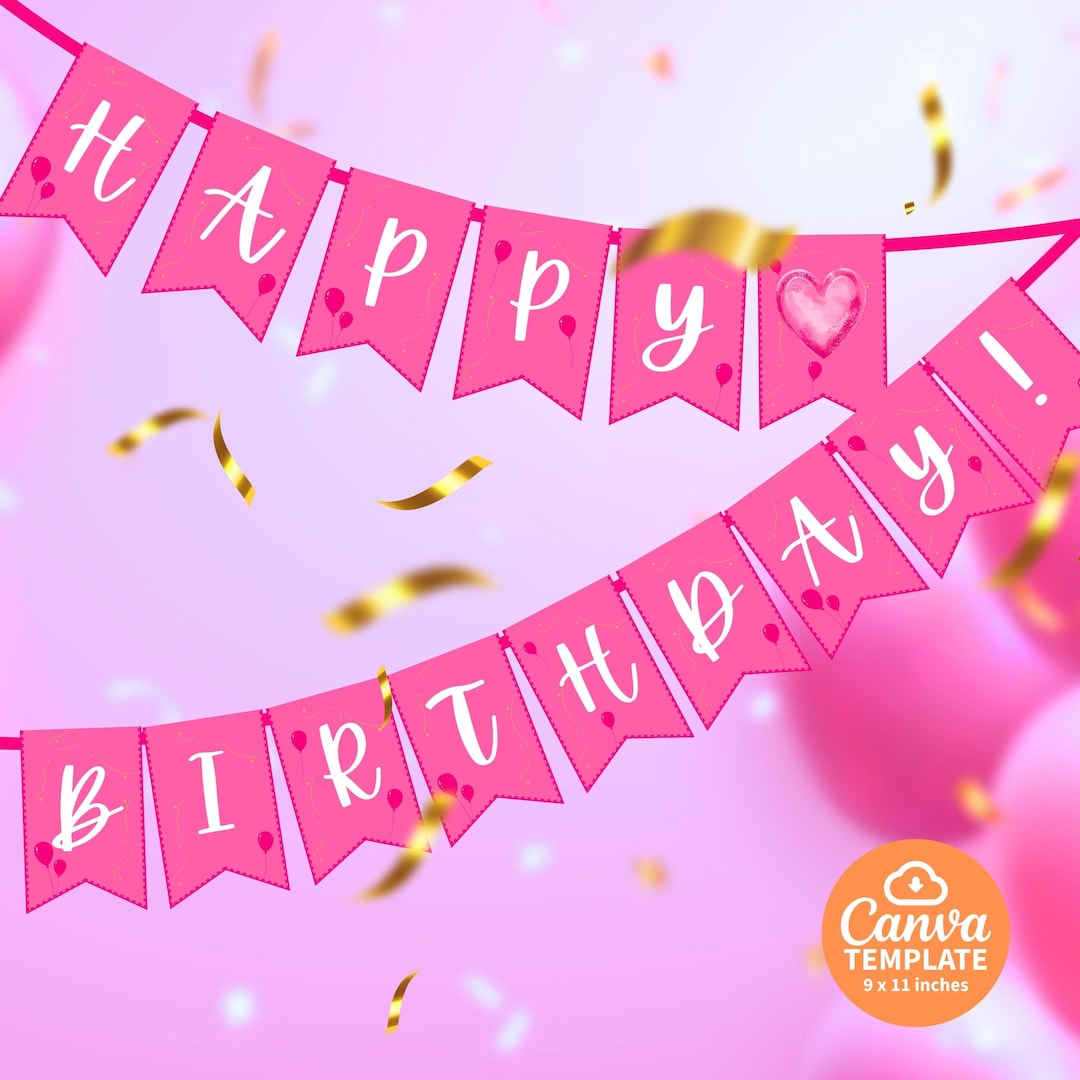 Editable Birthday Banner Pennants - Pink Celebration Decor (canva ...