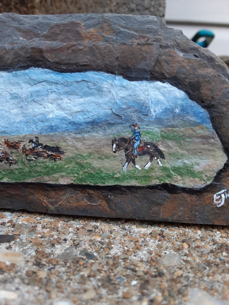 Rancher Rock Painting, Cowboy Art, Windows on the World Painting ...