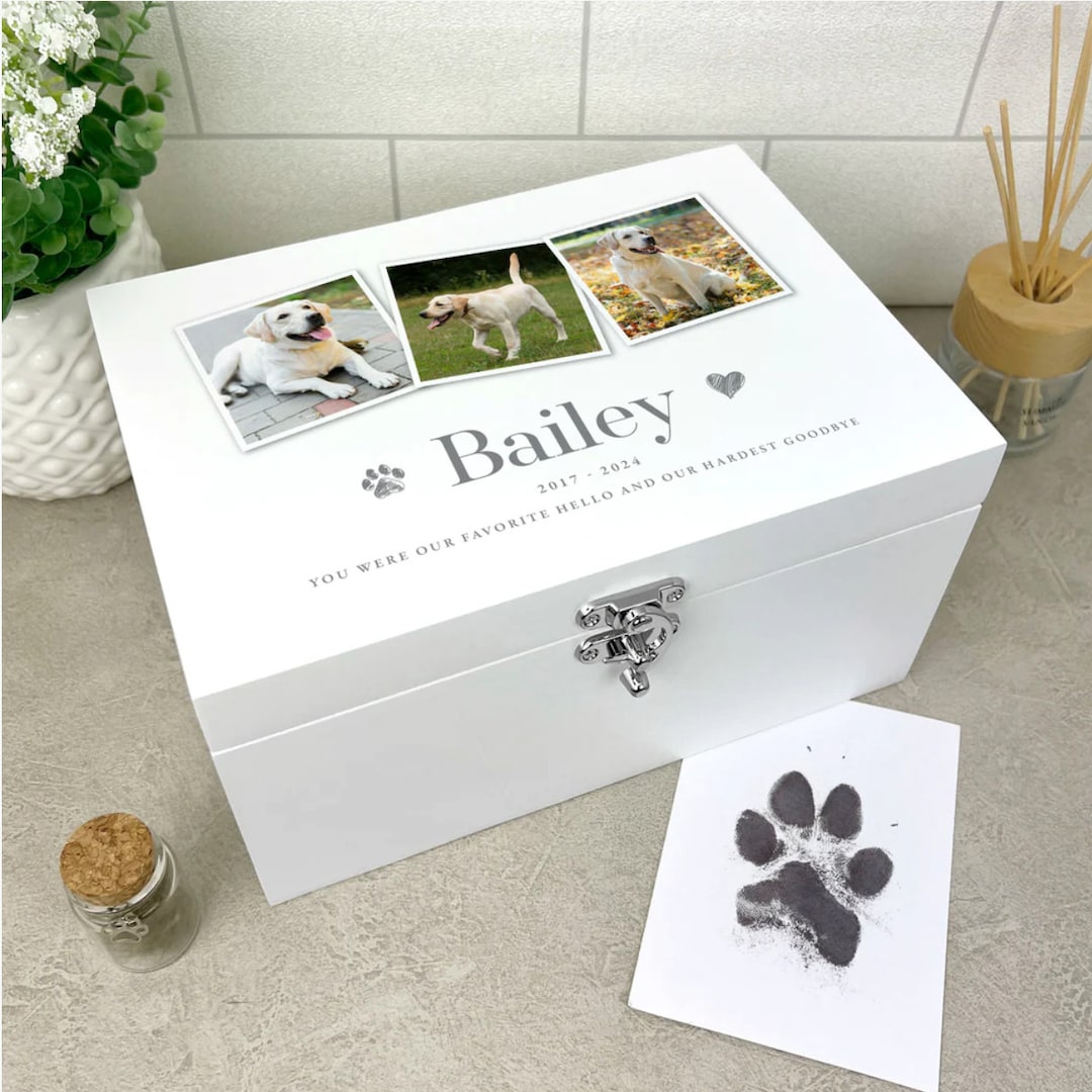 Personalised White Wooden Three Photo Pet Memorial Keepsake Box 3 Sizes ...