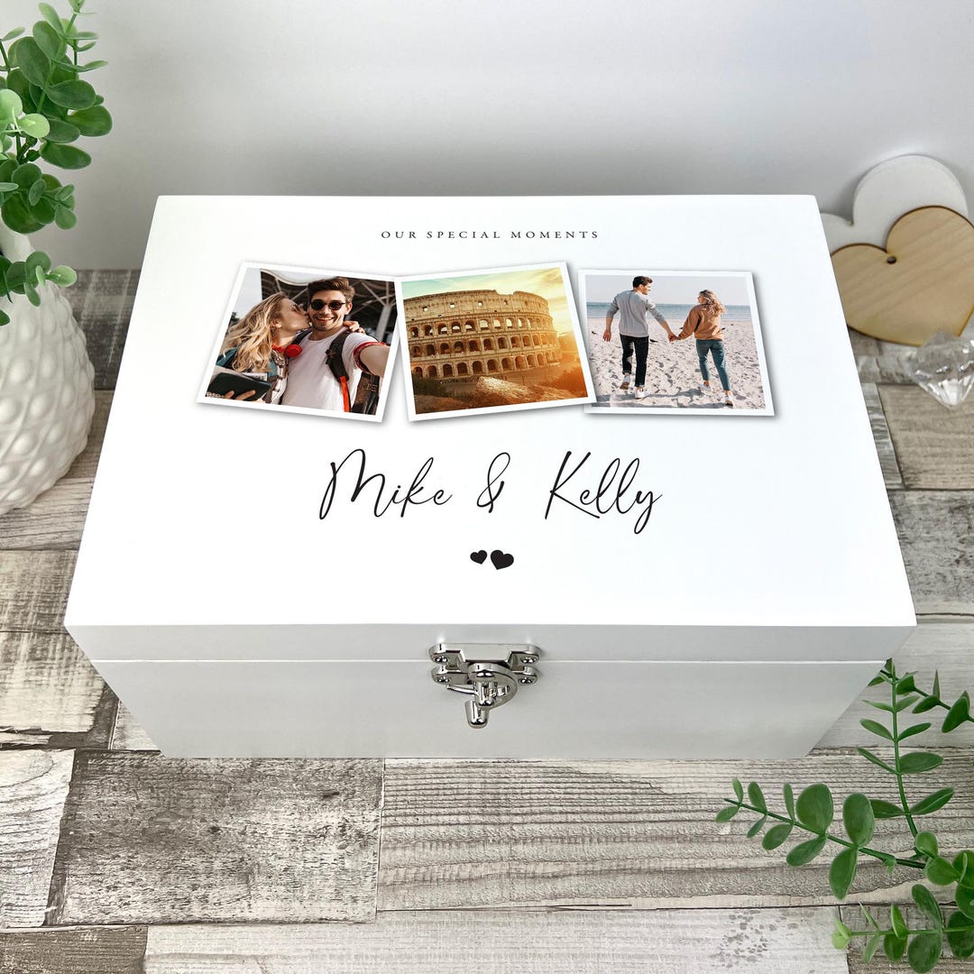 Personalised White Wooden Couples Photo Keepsake Memory Box - 3 Sizes ...