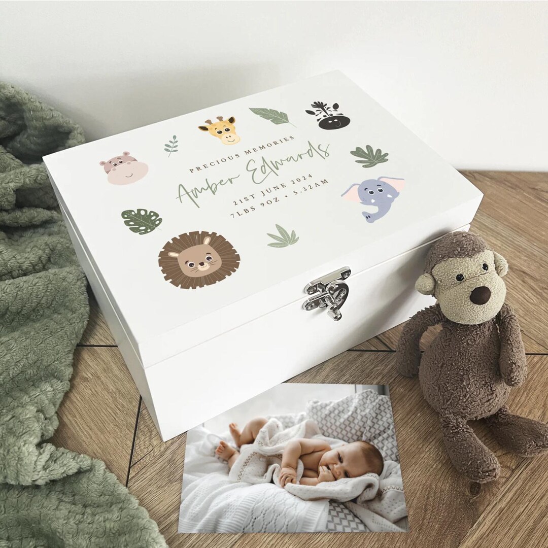 Personalised Jungle Animals New Baby White Wooden Memory Box Baby Gift ...