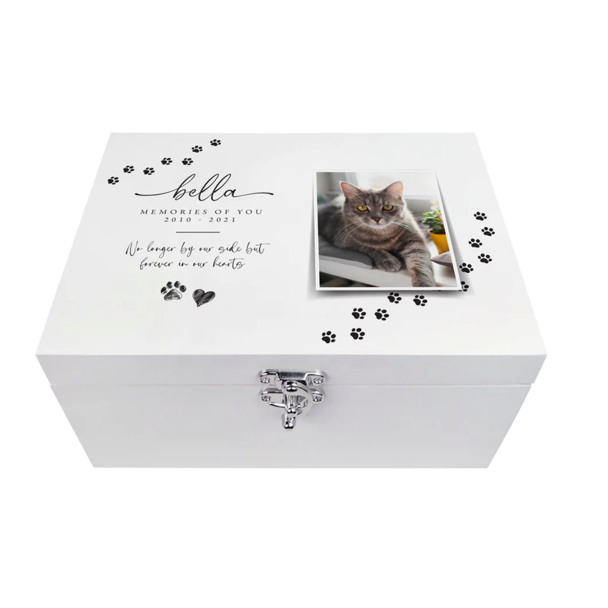 Personalised Paw Prints Pet Memorial White Wooden Photo Memory Box 3 ...