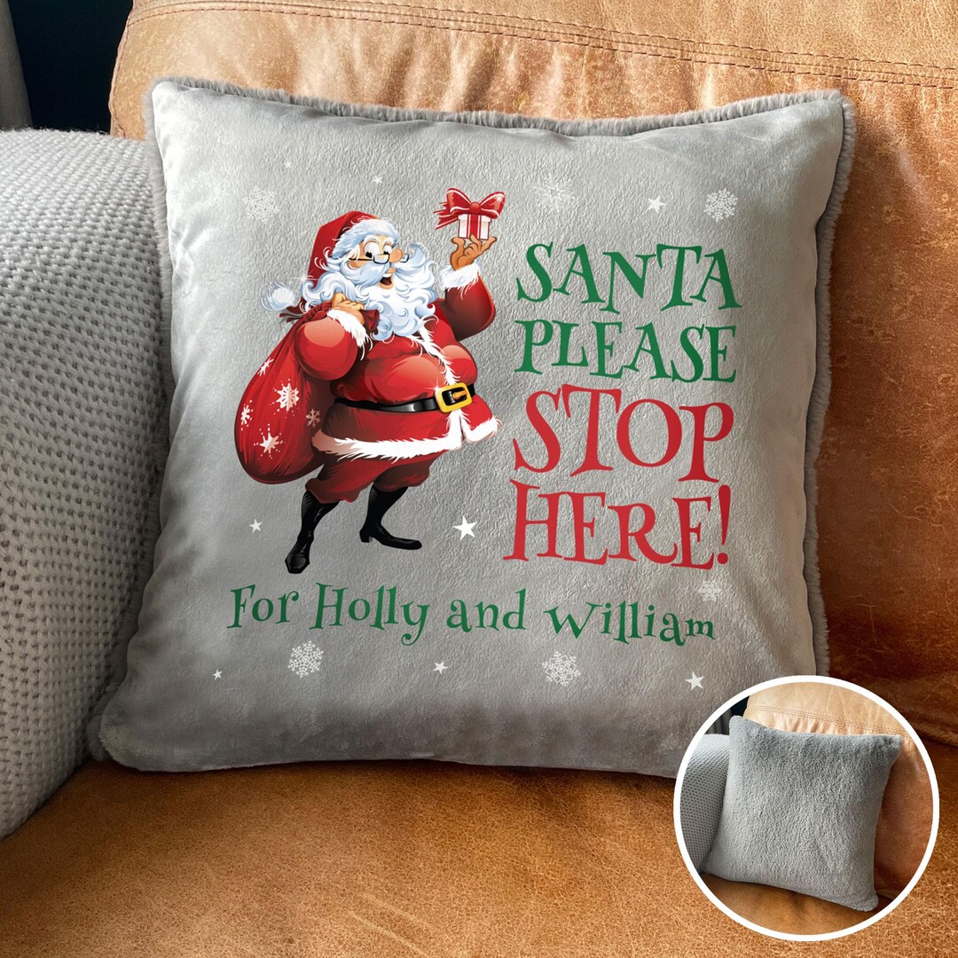 Personalised Cartoon Santa Stop Here Faux Fur Cuddle Cushion ...