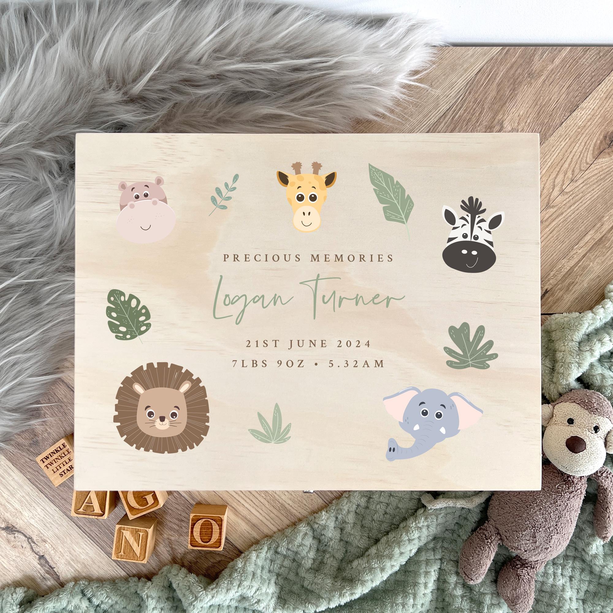 Personalised Jungle Animals Baby Keepsake Box | Pine Wood Memory Box - Etsy