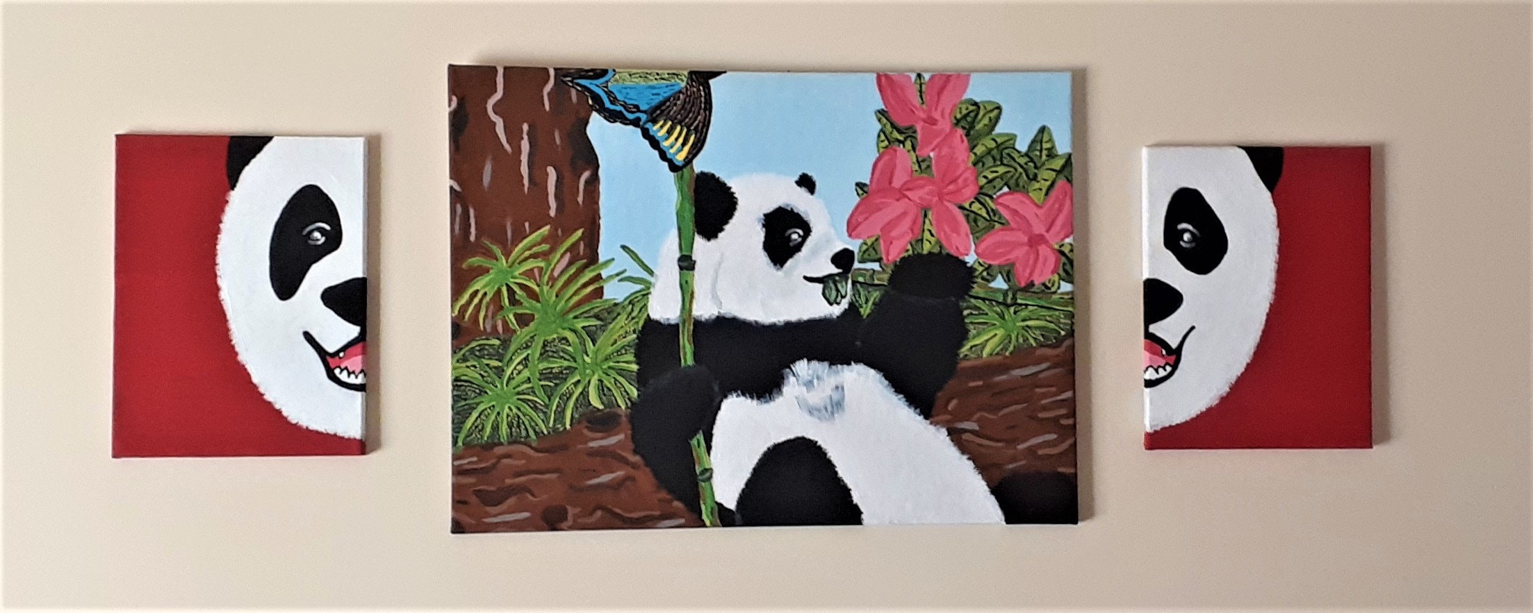 Set of 2 Panda Acrylic Painting on Canvas Choice of Background Color ...