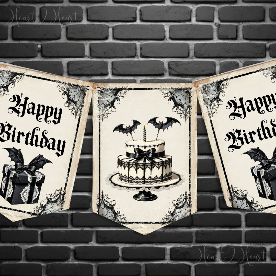Vintage Gothic Happy Birthday Bunting, Birthday Party Decorations, Goth ...