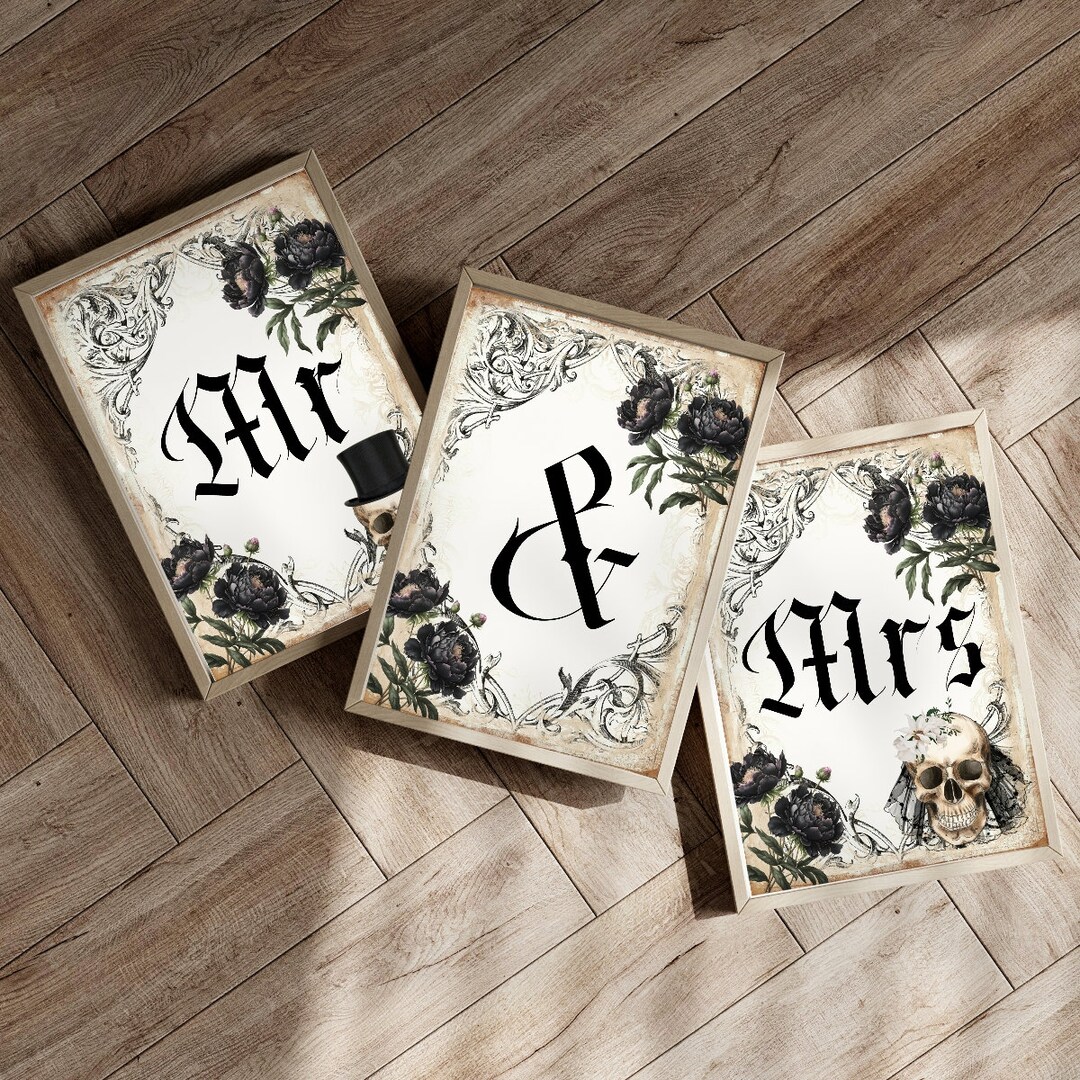 Gothic Mr & Mrs Skull Wall Art, Skull Couple Print, Set of 3 Prints ...