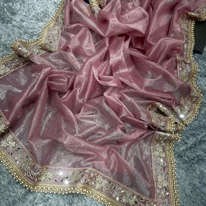 Saree With Blouse With Mirror Handwork Pearl Border Work Indain Women ...