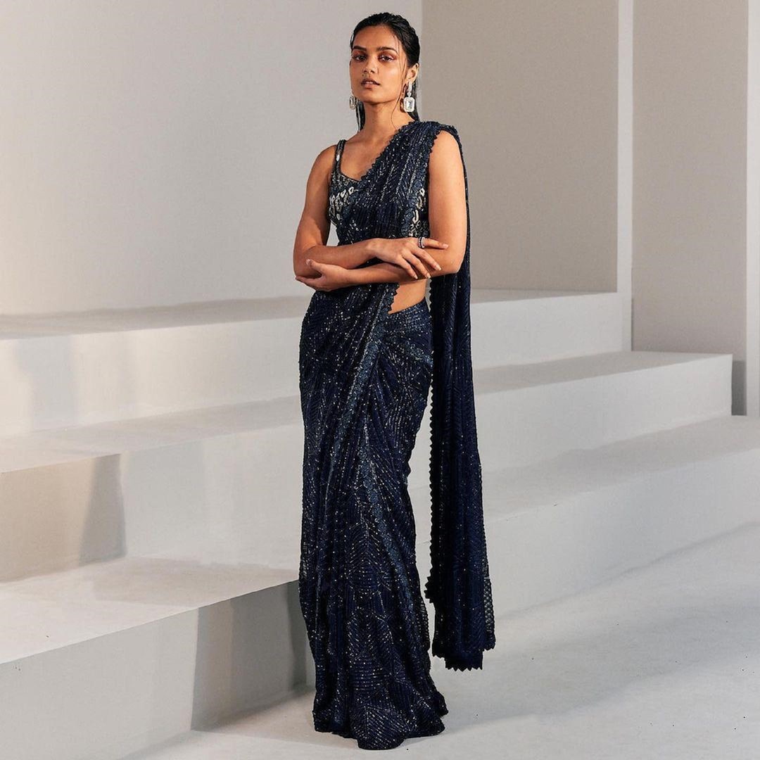 Latest Sequence Saree Navy Blue Color Shimmer Sarees Indian Women Sari ...