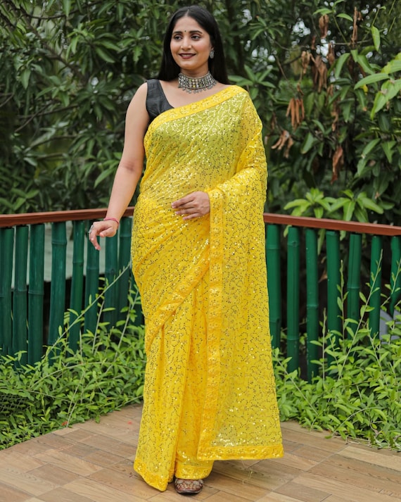 Yellow Sequence Saree Sequins Sari Party Wear Sequence Saree - Etsy