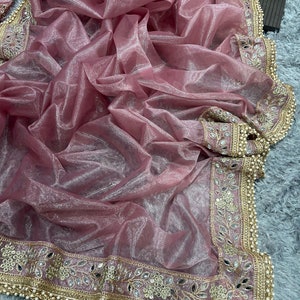 Saree With Blouse With Mirror Handwork Pearl Border Work Indain Women ...