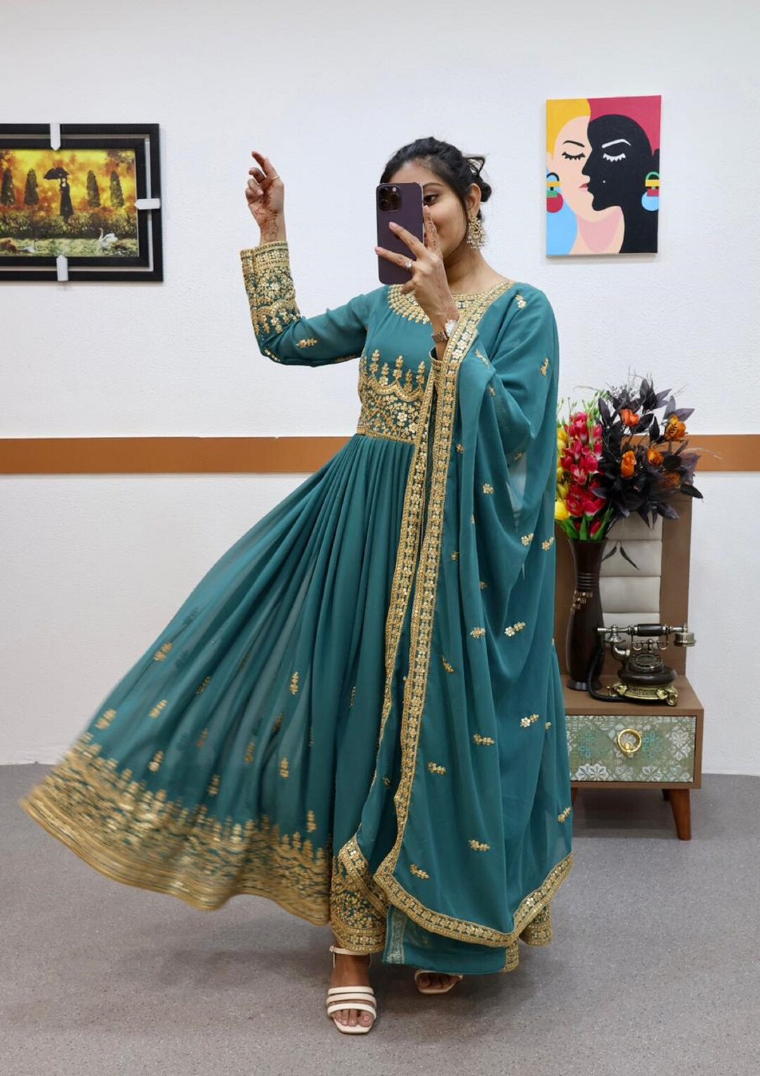 Indian Women Dress Teal Blue Color Designer Anarkali Style Gown Party ...