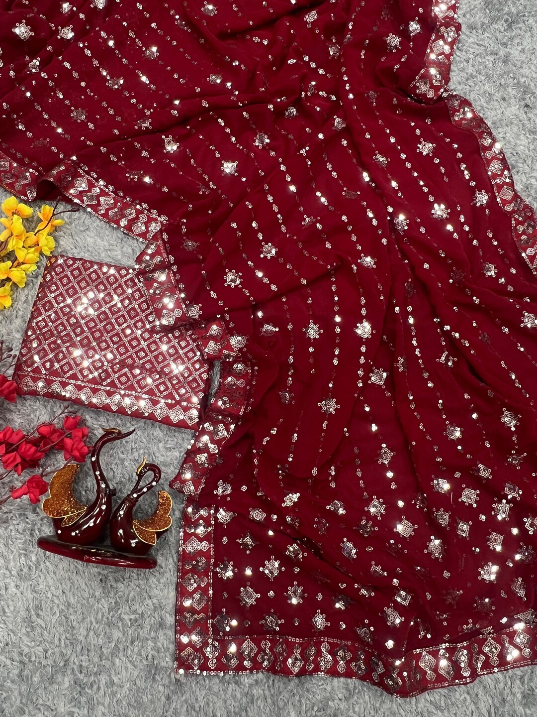 Sequence Saree With Blouse Maroon Color Indian Party Wear Designer Sari ...