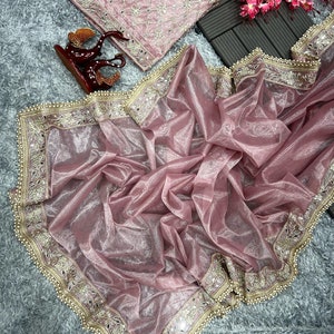 Saree With Blouse With Mirror Handwork Pearl Border Work Indain Women ...