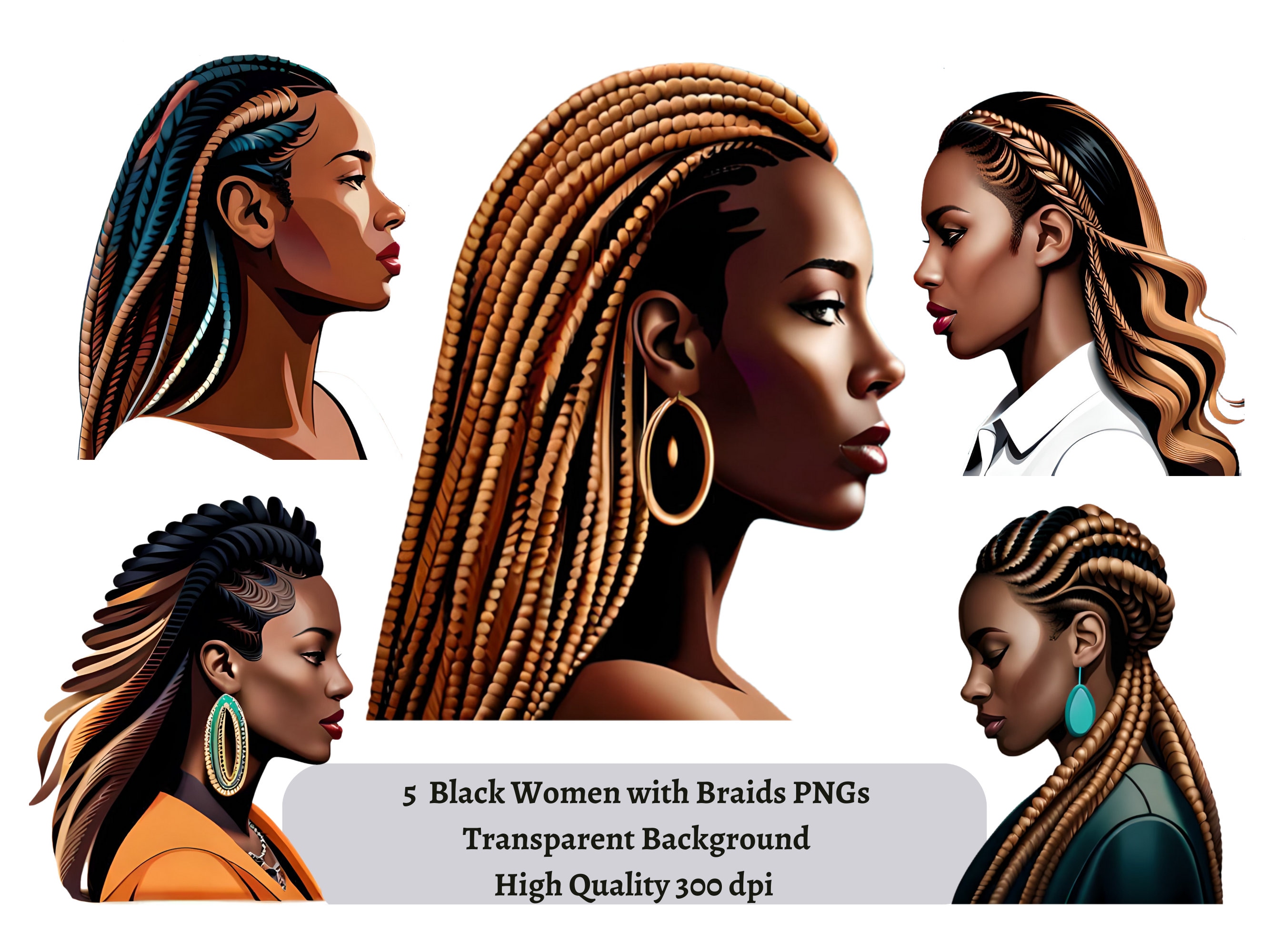 Black Women With Braids Clip Art PNG Set for Wall Art Decor, T Shirt ...
