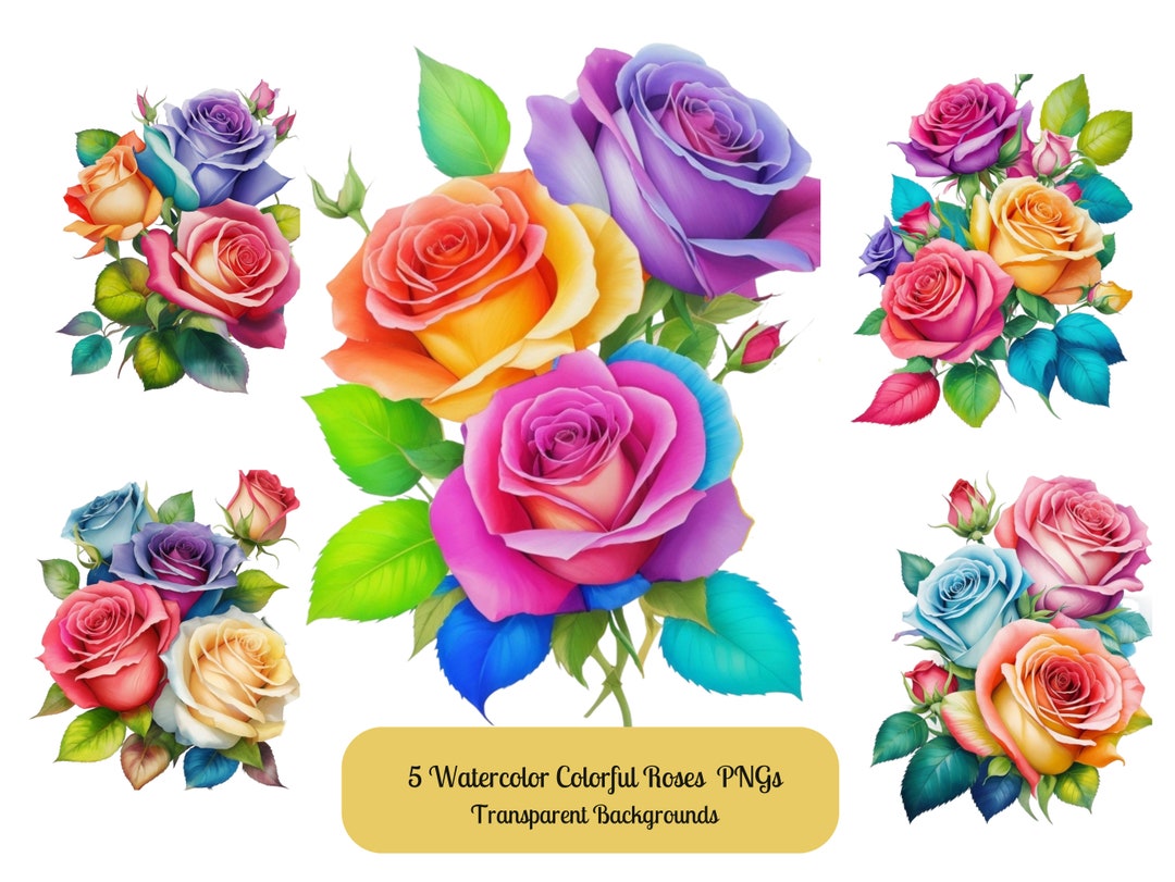 Watercolor Rainbow Rose Clipart PNG Set- Invitation Clipart, and Other ...