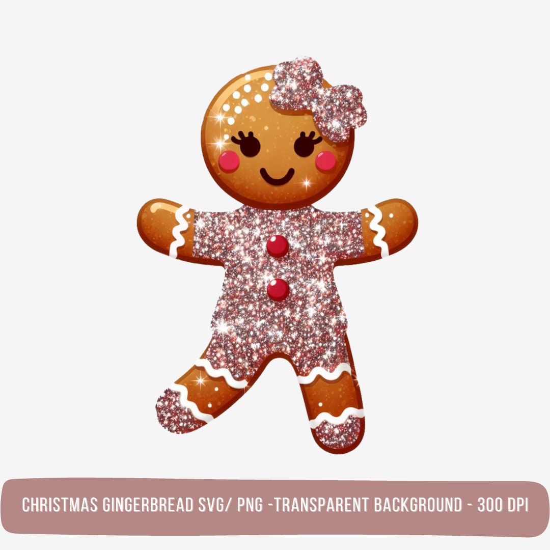 Pink Christmas Gingerbread Girl SVG PNG Clipart, Glitter Christmas PNG ...