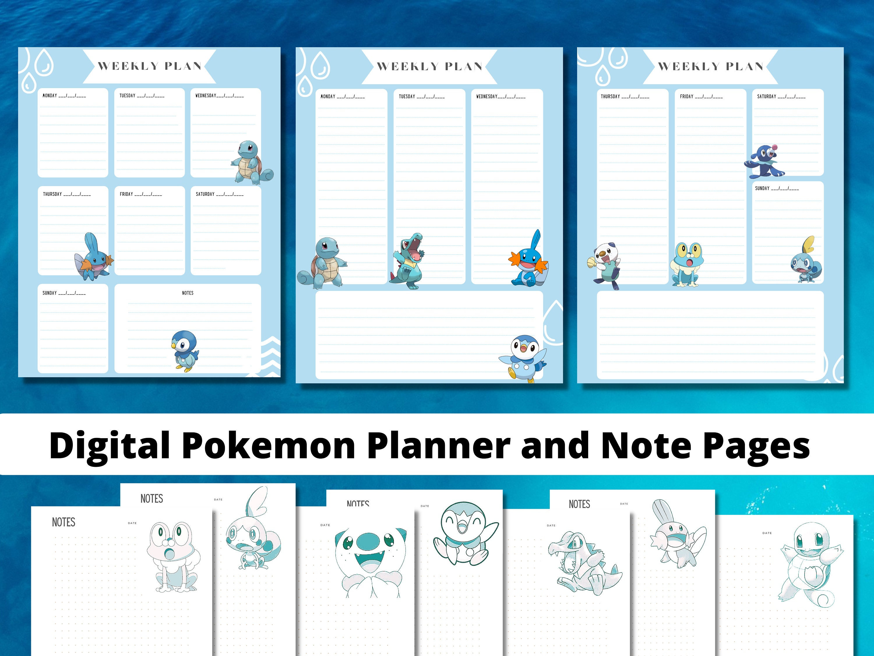 Pokemon Water Type Planner and Notes Template Printable Planner Digital ...