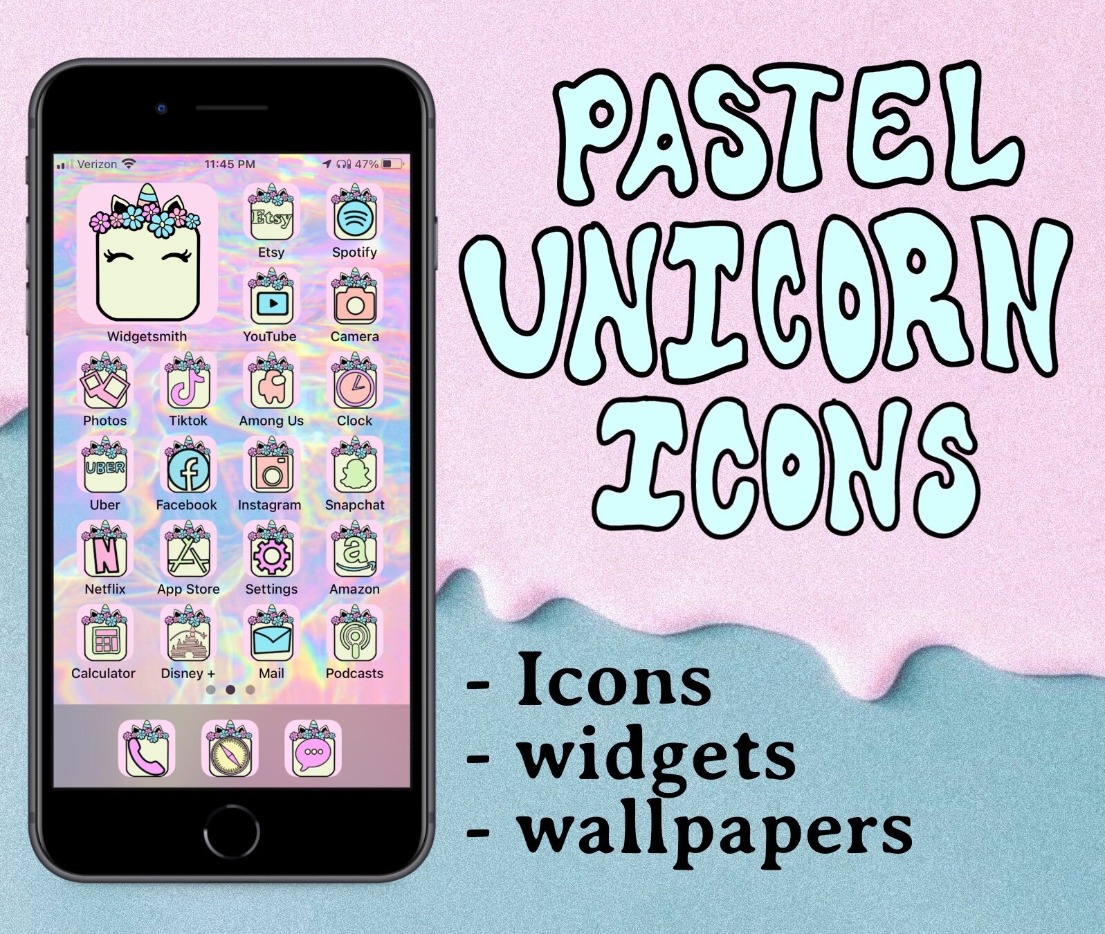 Pastel Unicorn Flowers Icon Pack Widgets Wallpapers Cute Ios 14 or Ios ...