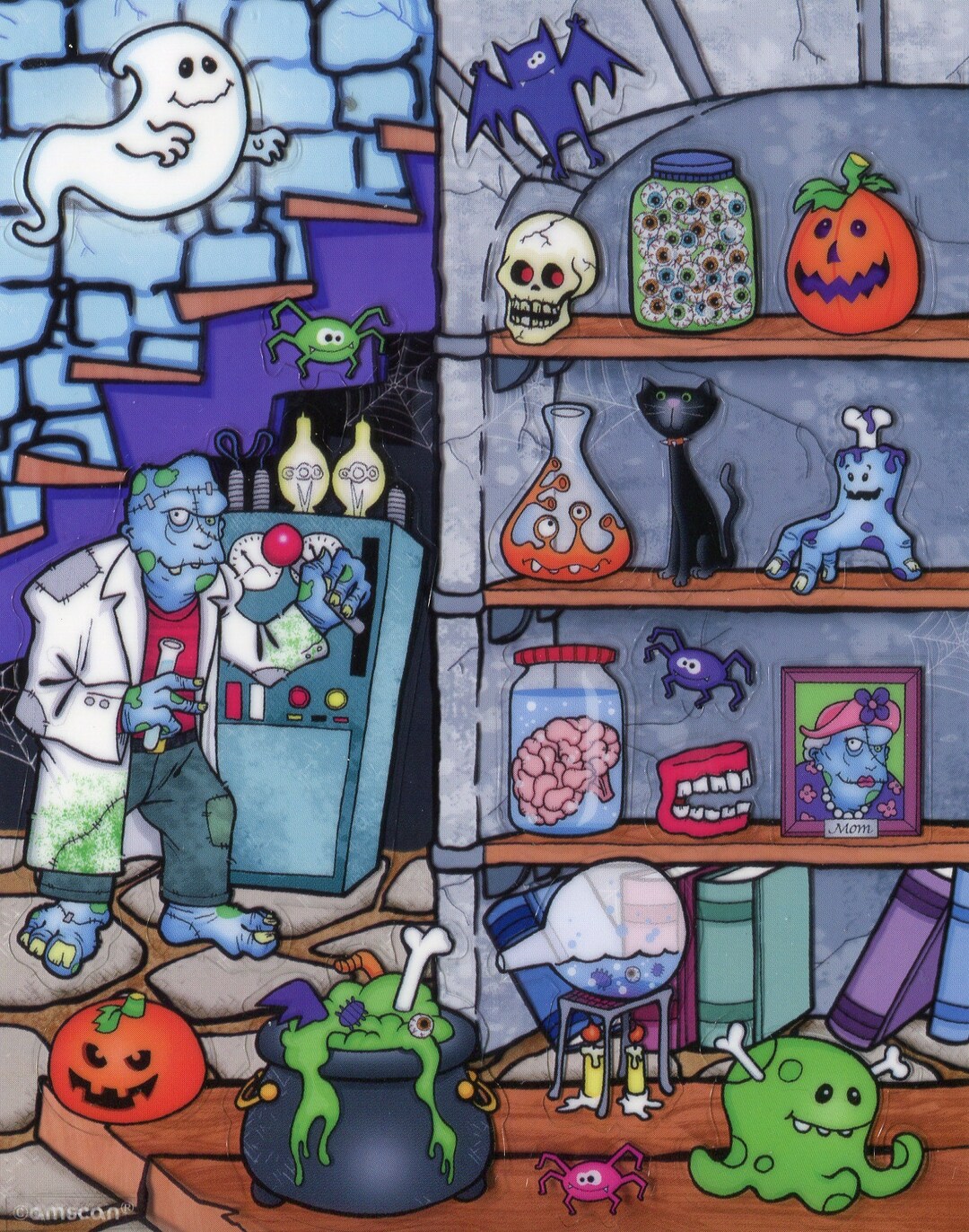 Vintage Halloween Sticker Sheet Mad Scientist Frankenstein Monster Lab ...