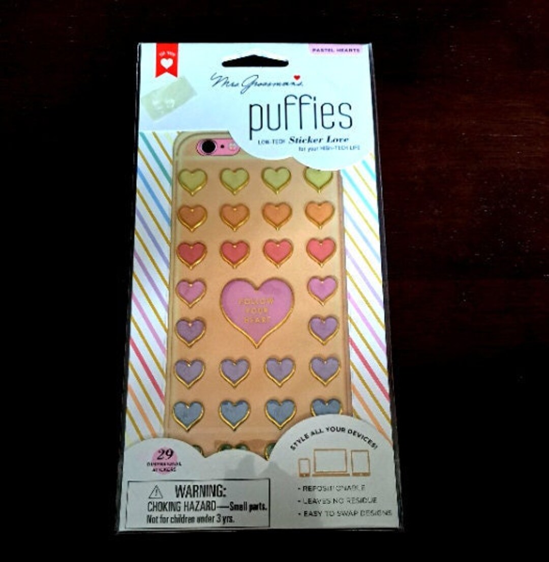 Mrs Grossmans Pastel Puffies Hearts Hard Dimensional Stickers For Tech Devices Cell Phone