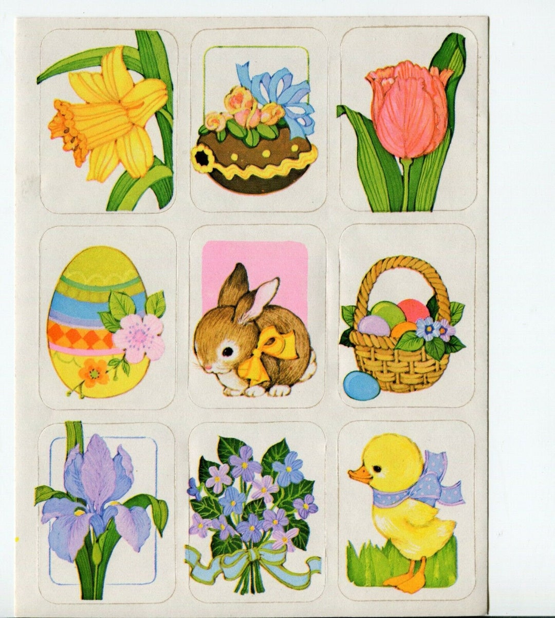 Vintage 70s Easter Die Cut Sticker Sheet Bunnies, Chicks, Flowers, Eggs ...