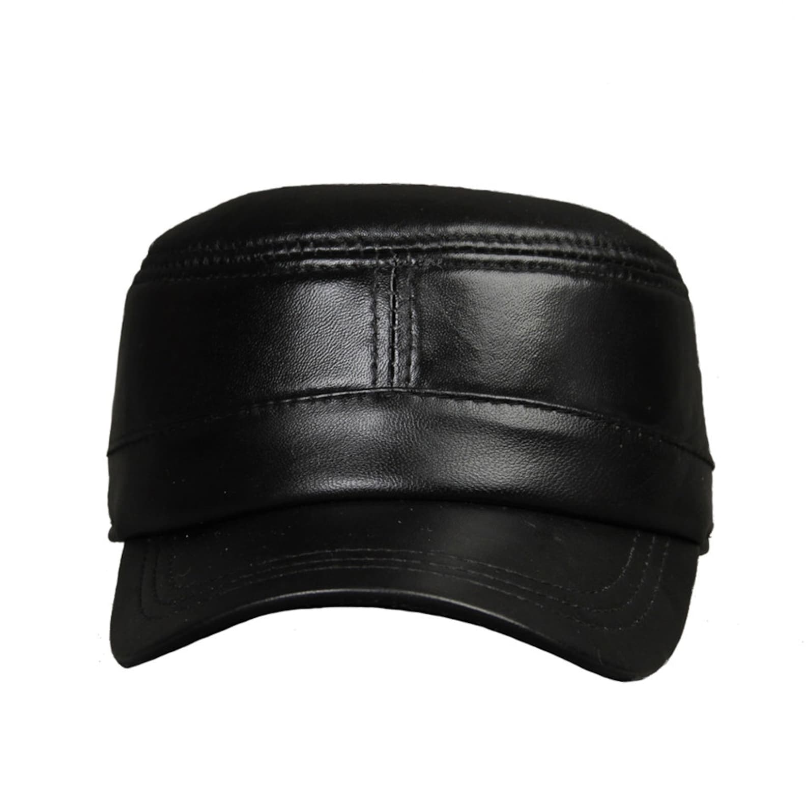 Military Hat Black Genuine Leather Flat Cap Vintage Adjustable Army Cap ...