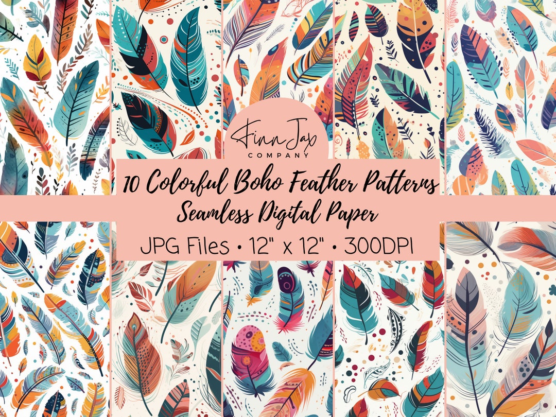Colorful Feather Digital Paper Boho Feather Paper Seamless - Etsy