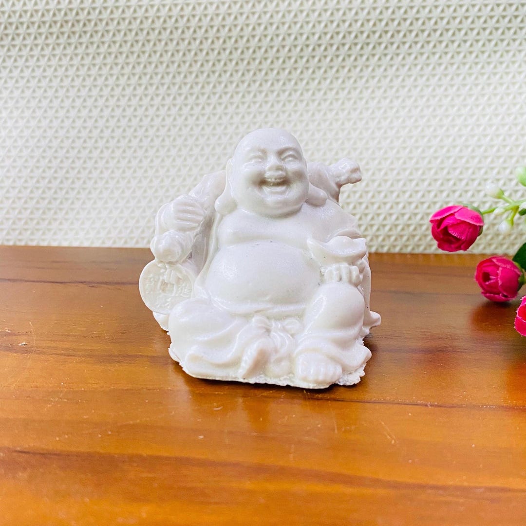 Small Laughing Buddha White Statue Feng Shui Decor for Good Luck Happy ...