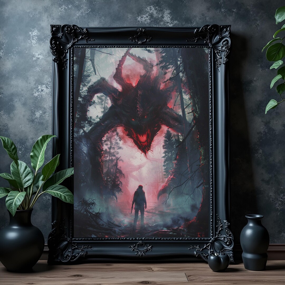 Dark Fantasy Monster Poster, Gothic Horror Creature Wall Art, Retro 80s ...