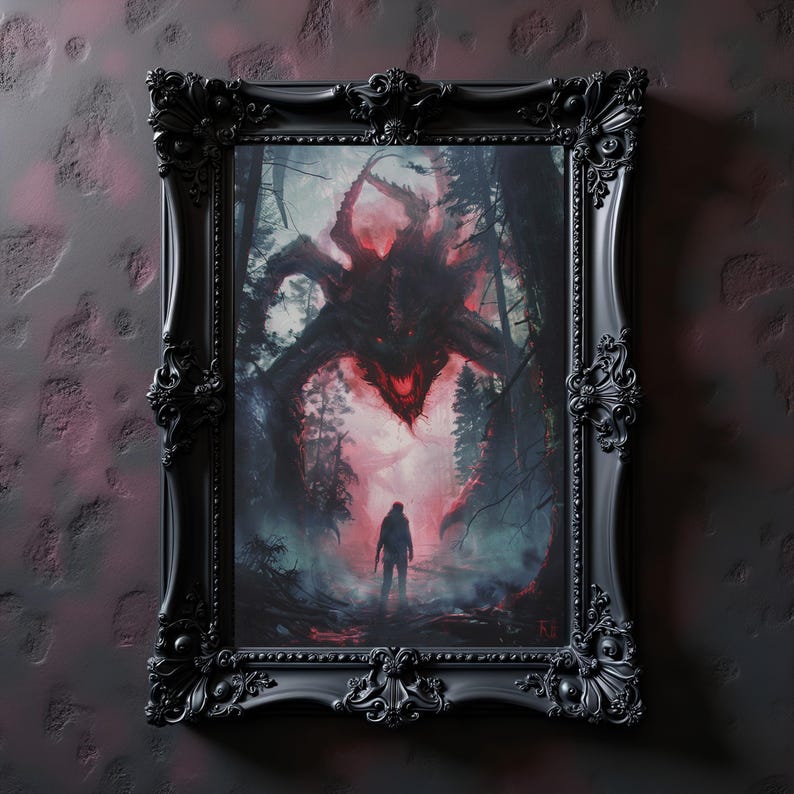 Dark Fantasy Monster Poster, Gothic Horror Creature Wall Art, Retro 80s ...