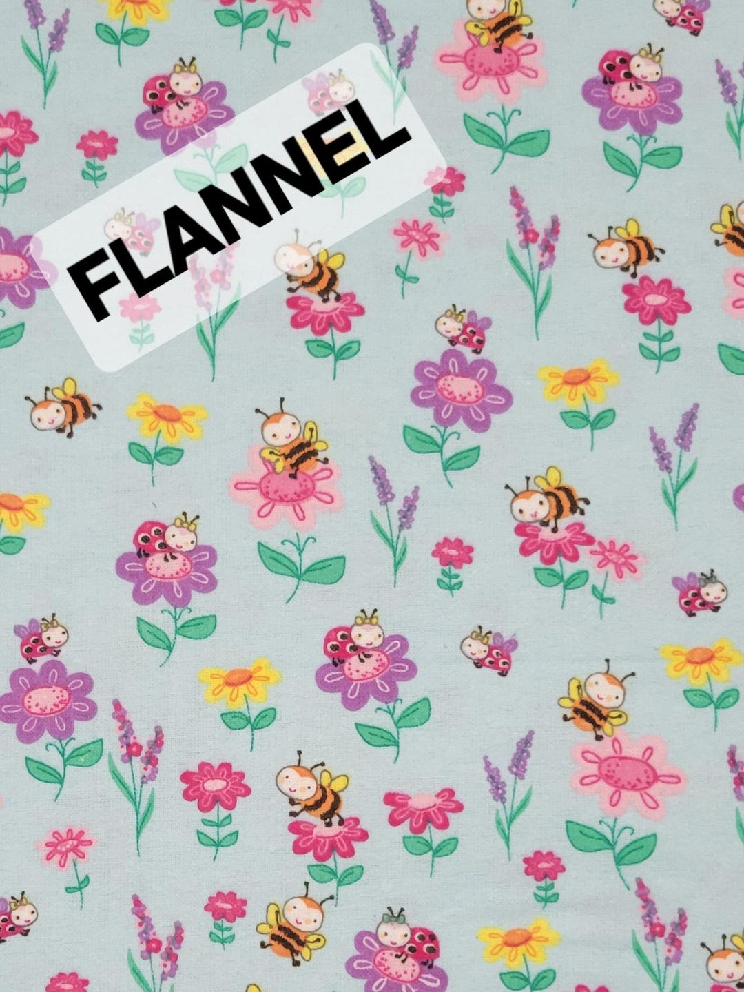 Busy Bees and Flowers on Light Blue Comfy Cotton Lightweight FLANNEL ...