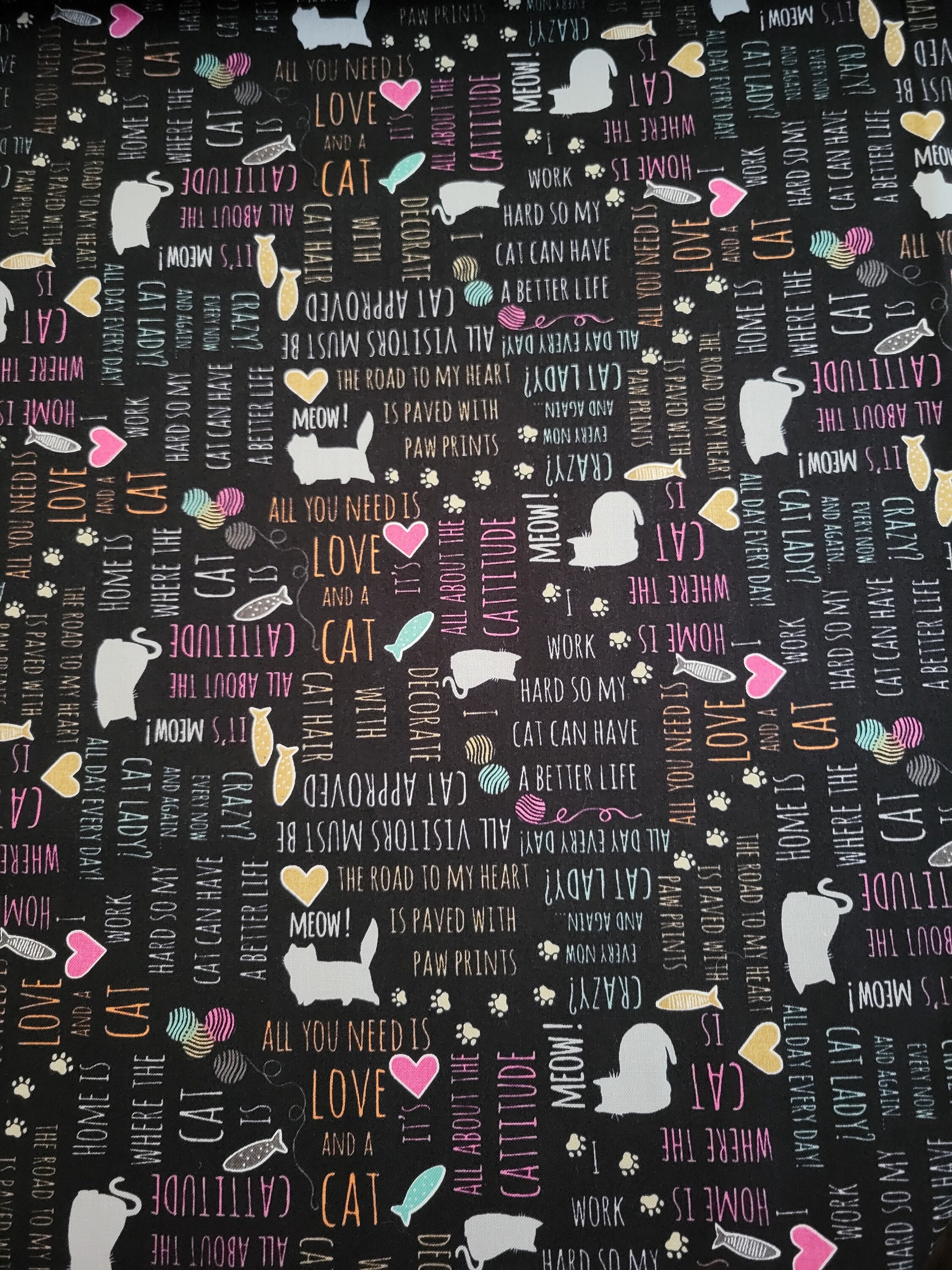 Purrfect Partners Cattitude Phrases on Black or Beige Cotton Fabric ...