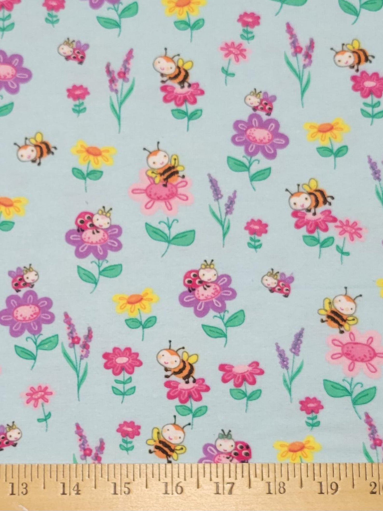 Busy Bees and Flowers on Light Blue Comfy Cotton Lightweight FLANNEL ...