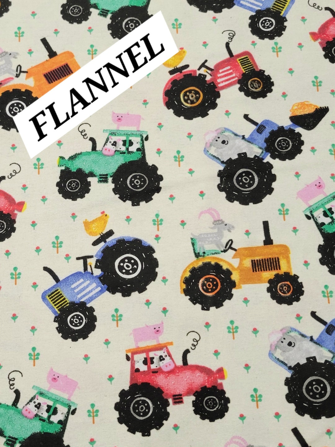 Tractors and Farm Animals on Off-white Cotton FLANNEL by Oasis Fabrics ...