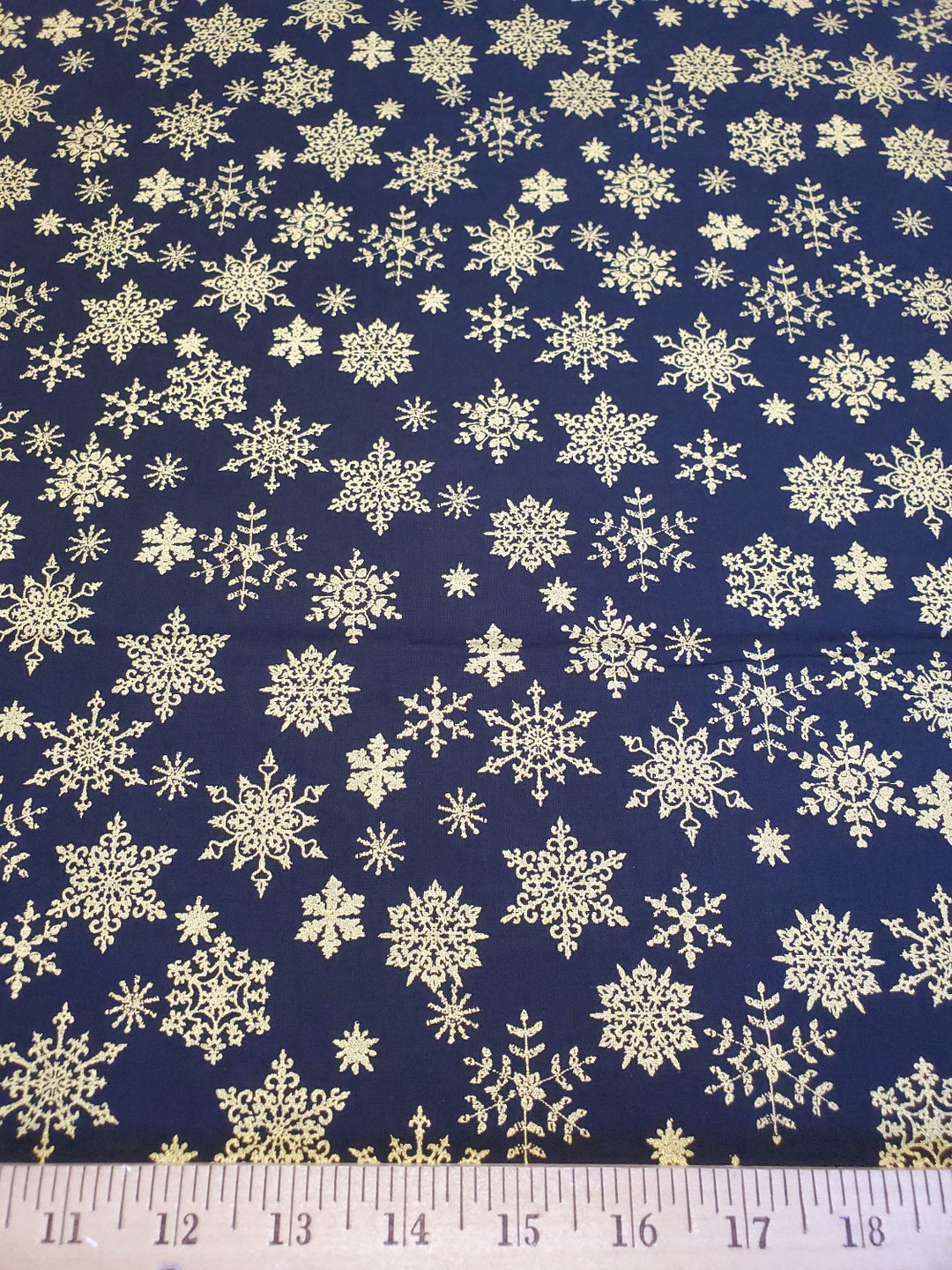 Black Christmas Cotton Fabric With Gold Metallic Snowflake Pattern ...